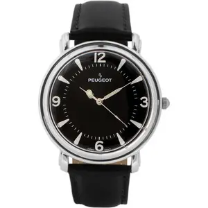 PEUGEOT Round Case Leather Strap Watch - Black
