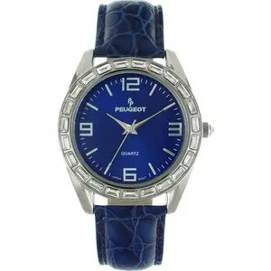 PEUGEOT Round Crystal Leather Watch 40mm - Blue