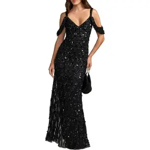 Mac Duggal Sequin Embellished V-neck Gown - Black