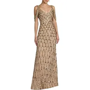 Mac Duggal Sequin Embellished V-neck Gown - Gold