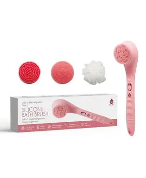 PURSONIC Rechargeable Waterproof Silicone Bath Brush With 3 Interchangeable Brush Heads - Pink