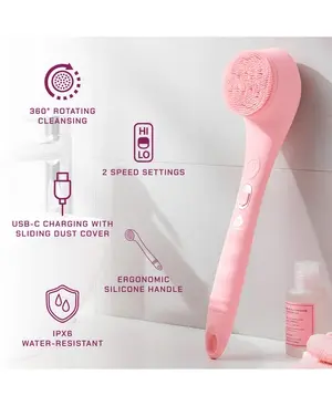 PURSONIC Rechargeable Waterproof Silicone Bath Brush With 3 Interchangeable Brush Heads - Pink