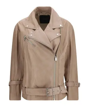 Pinko Belted Leather Biker Jacket - Beige