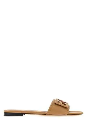 Fendi Leather Slide Sandals With Logo Detail - Cammellobg