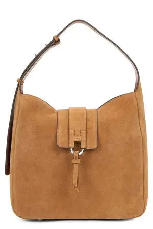 Hogan Suede Shoulder Handbag With Front Flap Closure, 28x29x9 Cm - Camel