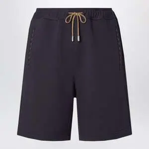 Fendi S Leather Bermuda Shorts With Contrast Stitching - Navy