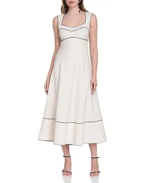 Avec Les Filles Stretch Linen Blend Contrast Piping Midi Dress - Cream