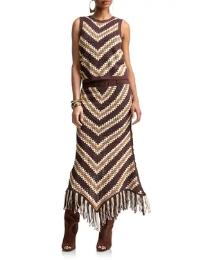 Avec Les Filles Chevron Crochet Maxi Skirt With Fringe