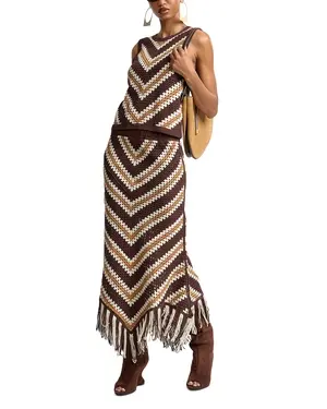Avec Les Filles Chevron Crochet Maxi Skirt With Fringe