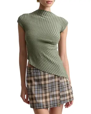 Avec Les Filles Asymmetric Ribbed Top - Olive Multi