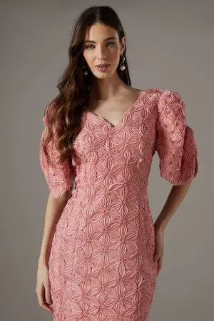 Coast Floral Pleated Puff Sleeve Pencil Dress - Blush