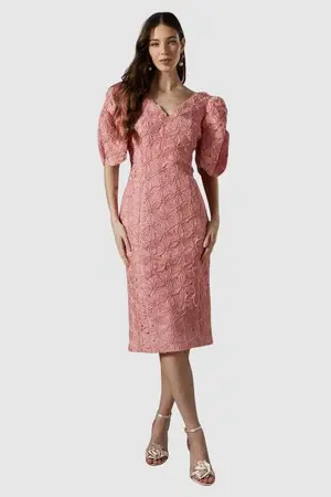 Coast Floral Pleated Puff Sleeve Pencil Dress - Blush