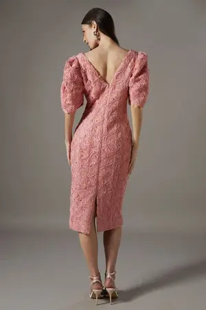 Coast Floral Pleated Puff Sleeve Pencil Dress - Blush