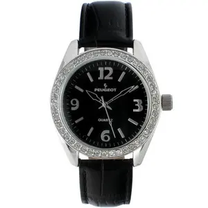 PEUGEOT Round Crystal Accented Bezel Leather Watch40mm - Black