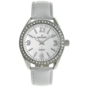 PEUGEOT Round Crystal Accented Bezel Leather Watch40mm - White