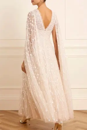 NEEDLE & THREAD Comet Embellished Cape V-neck Maxi Dress