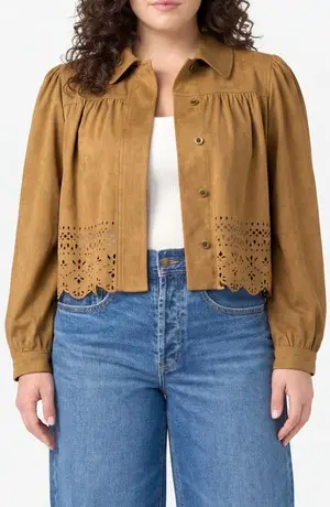 LIVERPOOL Cropped Puff Sleeve Laser Cutout Jacket - Caramel