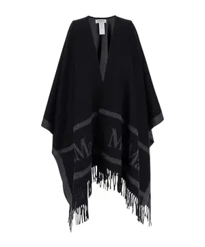Max Mara Logo Detailed Fringed Cape - Black