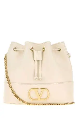 Valentino Garavani Ivory Leather Vlogo Signature Bucket Bag - White
