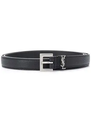 Saint Laurent Grained Leather Cassandre Thin Belt With Square Buckle - Black