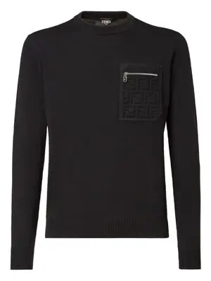 Fendi Wool Pullover With Embossed Ff Pocket - Black
