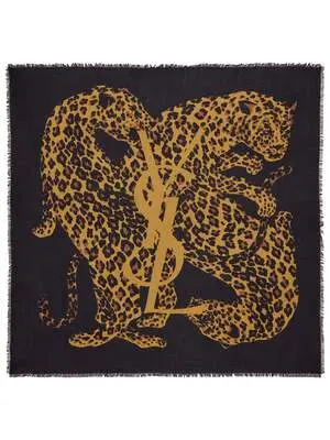 Saint Laurent Cassandre Leopard Square Scarf In Wool Twill - Black