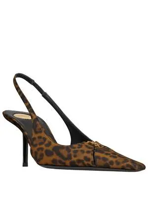 Saint Laurent Babylone Bretuil Slingback Pumps In Leopard Grosgrain - Brown