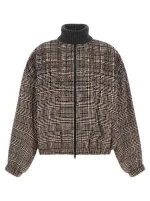 Brunello Cucinelli Sequin Embellished Check Bomber Jacket - Brown