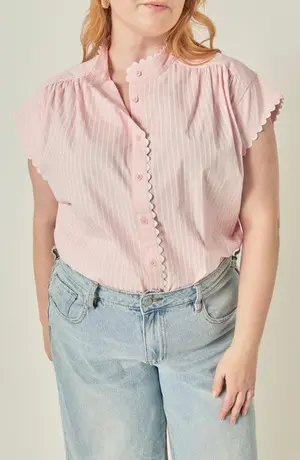 English Factory Ric Rac Scalloped Short Sleeve Cotton Blouse - Pink