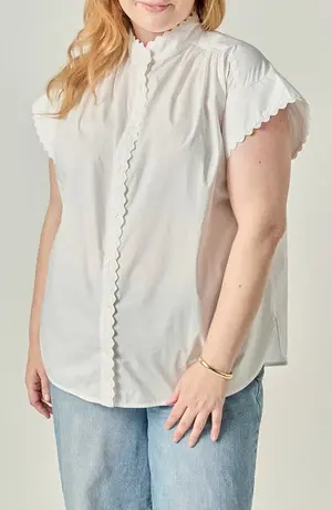 English Factory Ric Rac Scalloped Short Sleeve Cotton Blouse - White