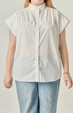 English Factory Ric Rac Scalloped Short Sleeve Cotton Blouse - White