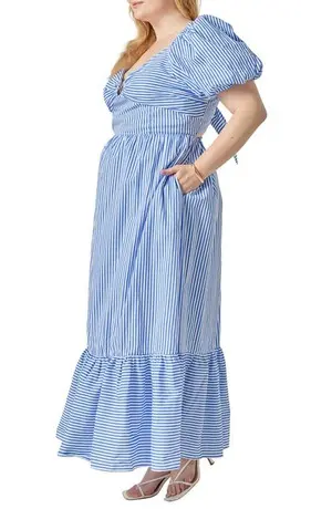 English Factory Striped Puff Sleeve Maxi Dress With Starfish Detail
