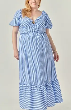 English Factory Striped Puff Sleeve Maxi Dress With Starfish Detail