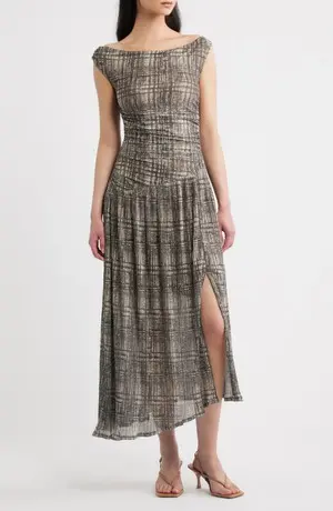 Moon River Plaid Mesh Pleated Midi Dress - Brown Plaid