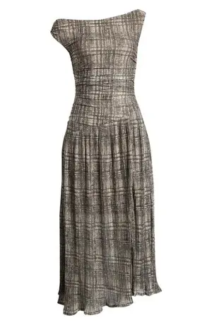 Moon River Plaid Mesh Pleated Midi Dress