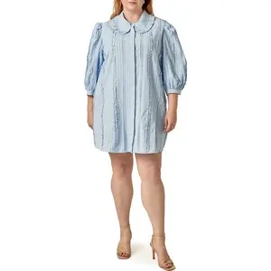 English Factory Pintuck And Ruffle Striped Shirtdress - Blue