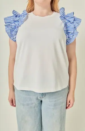 English Factory Mixed Media Ruffle Detail T-shirt
