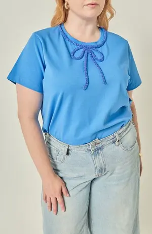 English Factory Beaded Bow Cotton T-shirt - Blue
