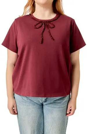 English Factory Embellished Bow Cotton T-shirt - Burgundy