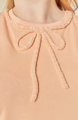 English Factory Embellished Bow Cotton T-shirt - Peach