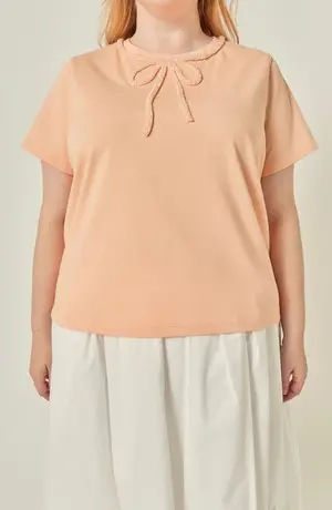 English Factory Embellished Bow Cotton T-shirt - Peach