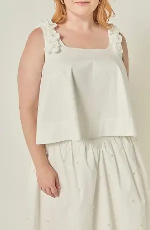 English Factory Flower Appliqué Sleeveless Cotton Top - White