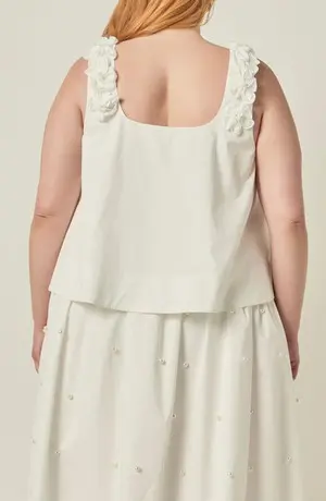 English Factory Sleeveless Cotton Top With Flower Appliqu