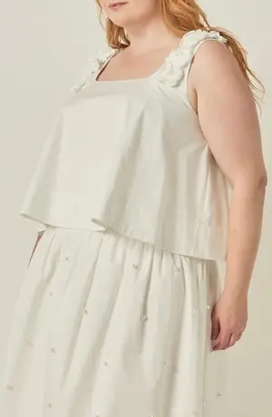 English Factory Sleeveless Cotton Top With Flower Appliqu