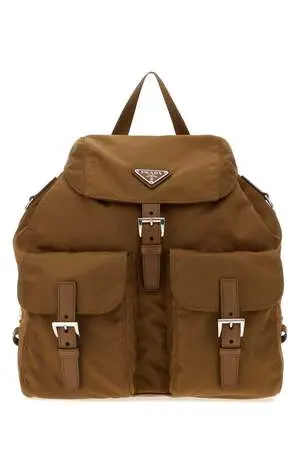 Prada Canvas Backpack With Silver Tone Buckle Details - Brown