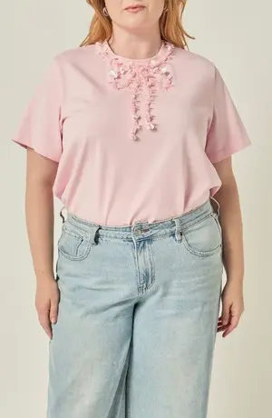English Factory Beaded Bow T-shirt - Light Pink