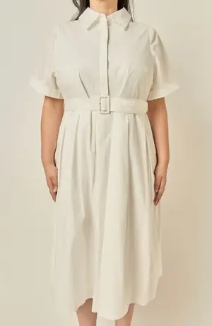 English Factory Belted Cotton Midi Shirt Dress With Spread Collar And Flared Skirt