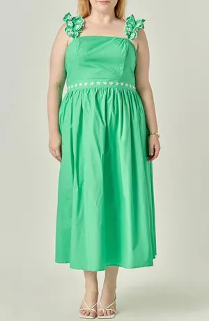 English Factory Flower Embroidered Ruffle Midi Dress - Green
