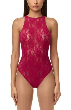 Naked Wardrobe Lace Racerback Bodysuit - Dark Raspberry