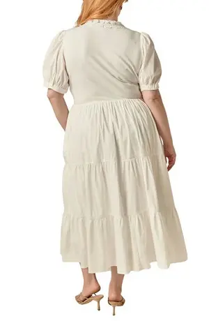 English Factory Mixed Media Midi Dress With Lace Collar And Puff Sleeves